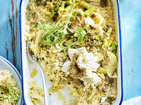 Ovengebakken rijst met groene pesto, geitenkaas en gepofte pitten ...