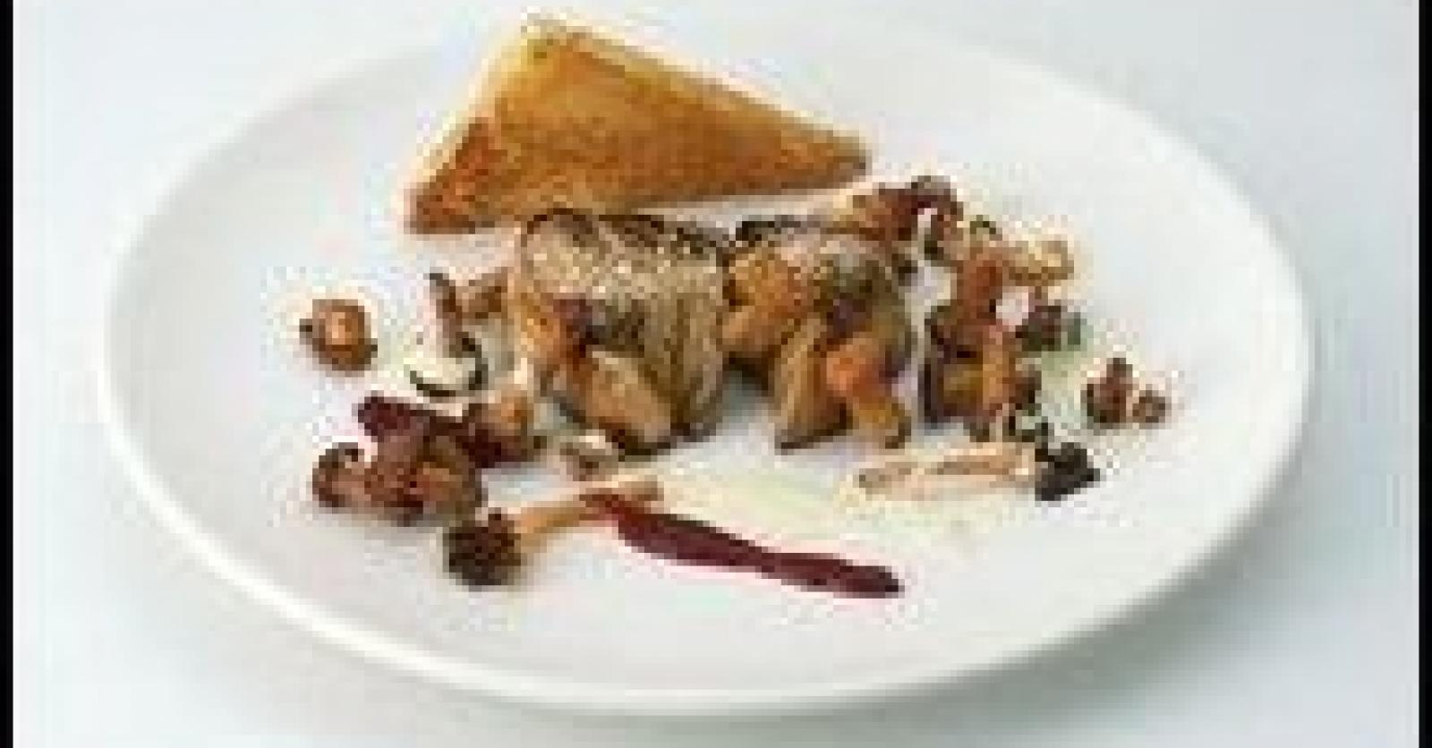 Gebakken eendenlever met bospaddenstoelen en frambozencoulis