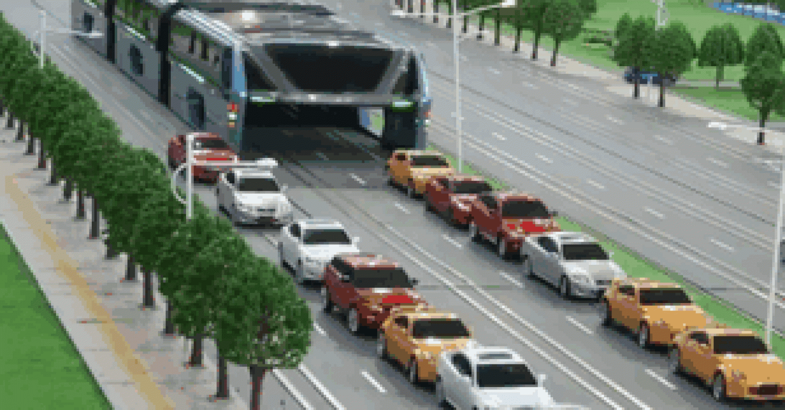 Zien: China test futuristische bus die als een brug over auto's kan rijden