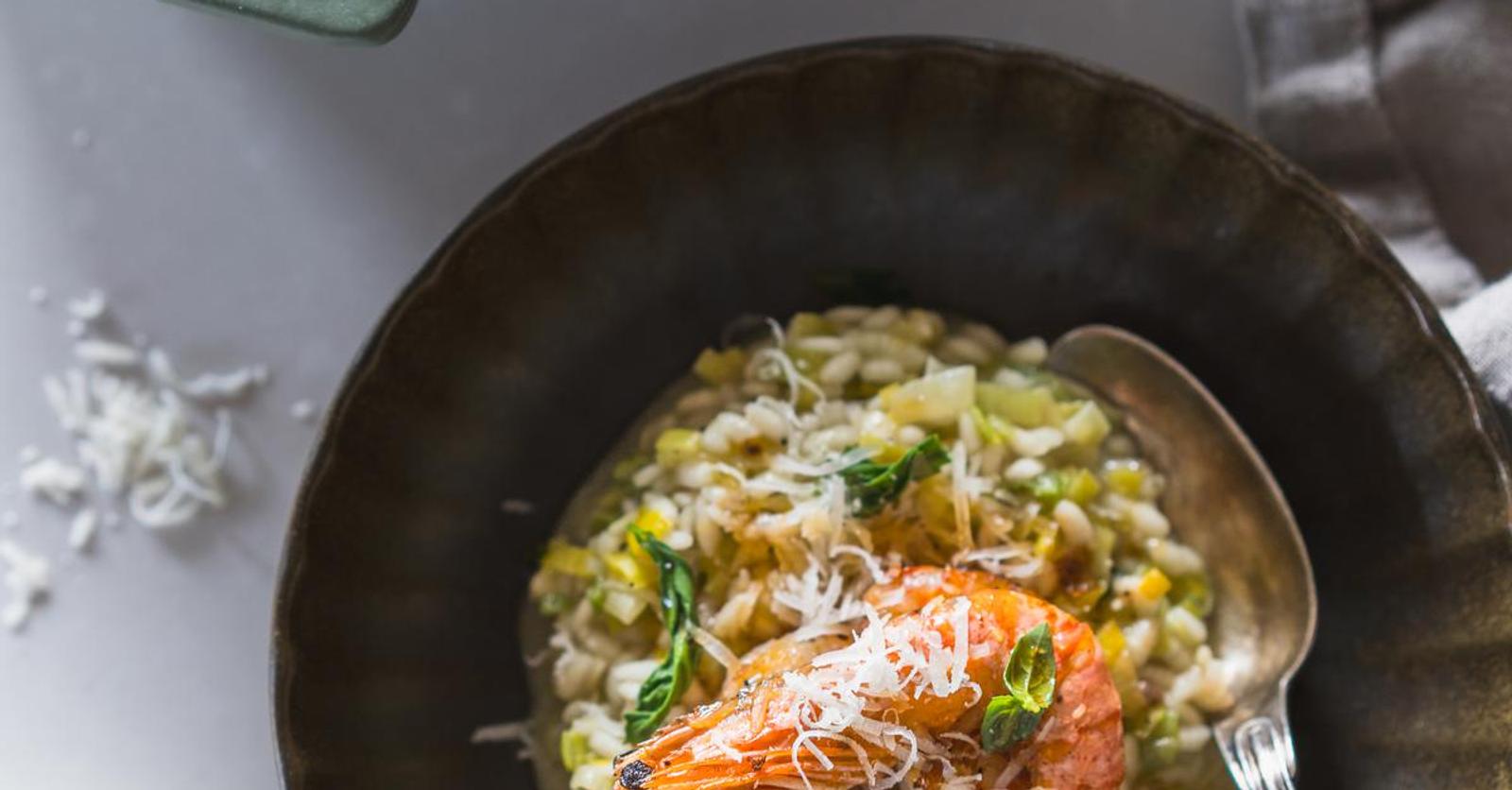 Risotto met prei en scampi