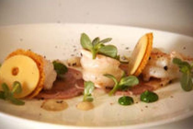 Kalfskop met langoustines, crème van makreel en gember, toast met Oud ...